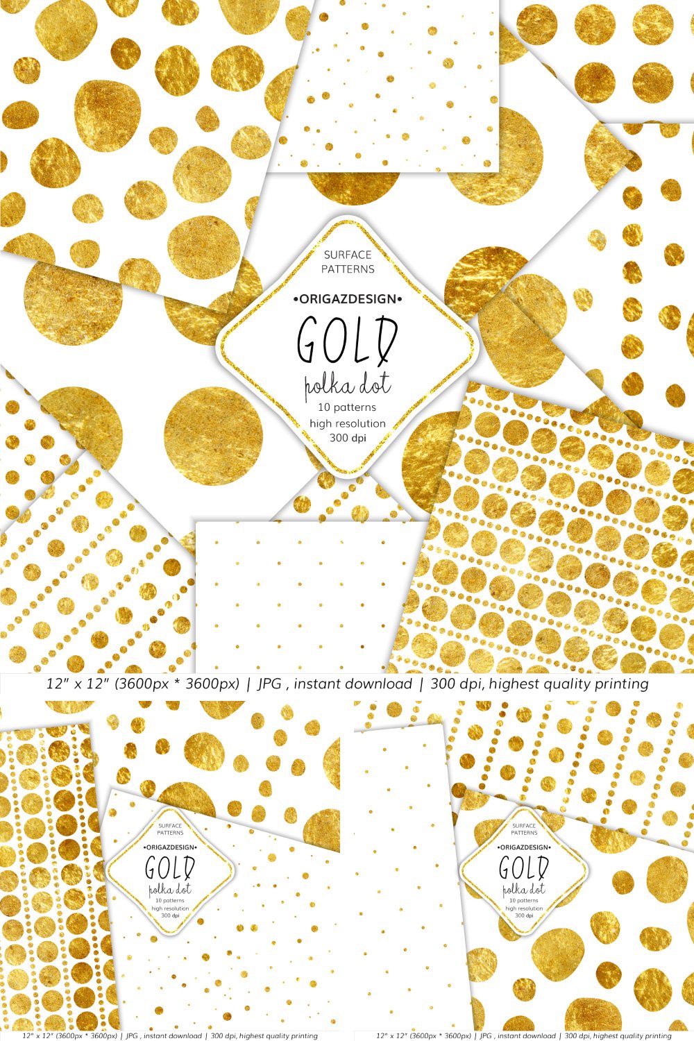 Gold foil and White Polka dot Seamless Pattern Paper pack