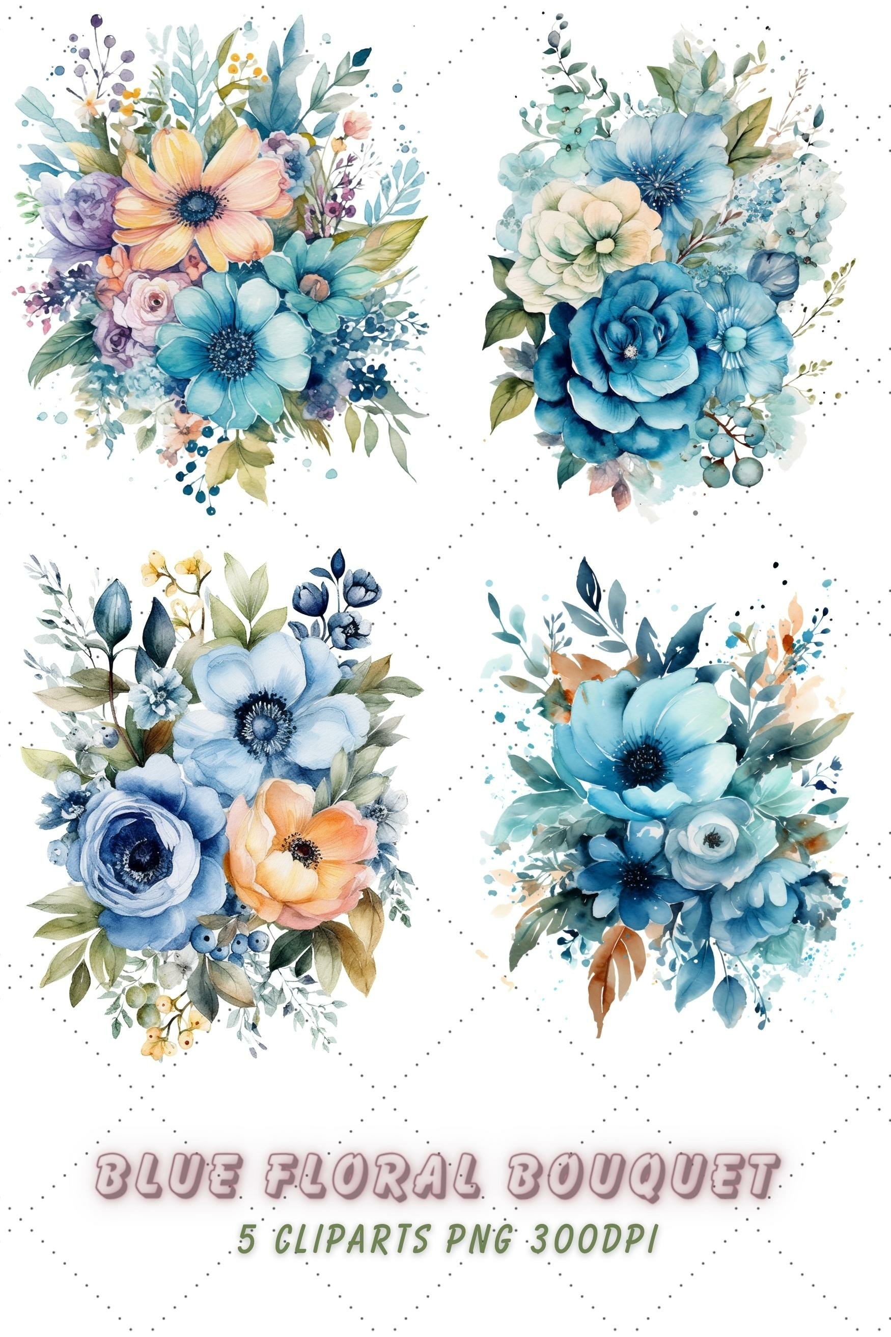 Watercolor Blue Floral Bouquet Clipart Bundle (2530343)