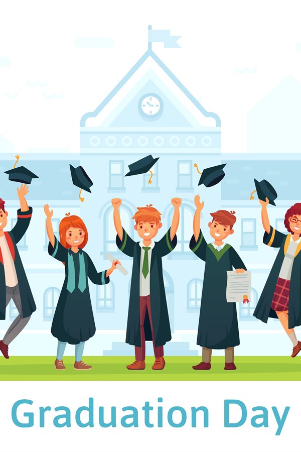 Graduation day, happy students celebrating and jumping