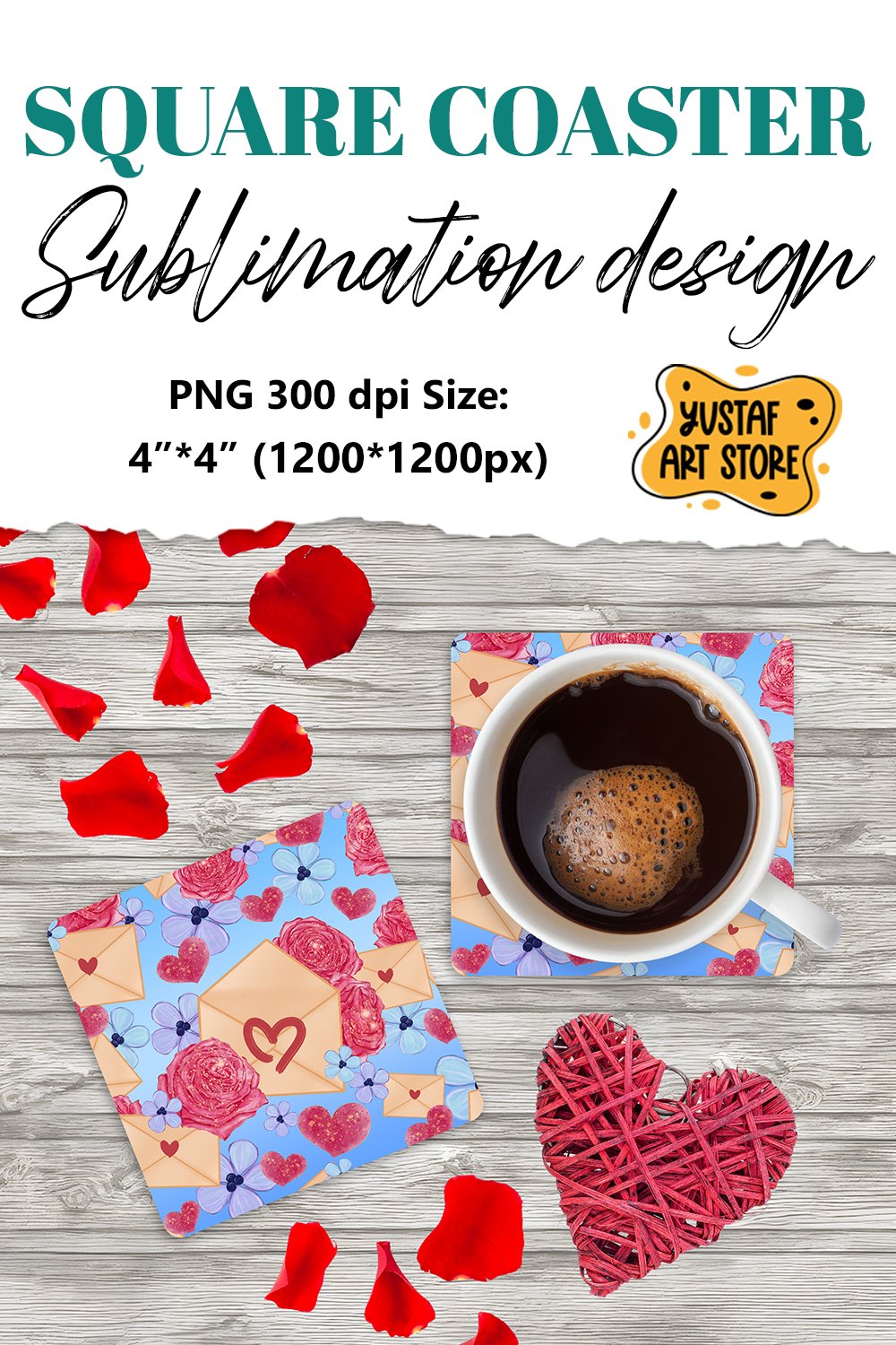 Valentine square coaster design. Envelope flowers coaster