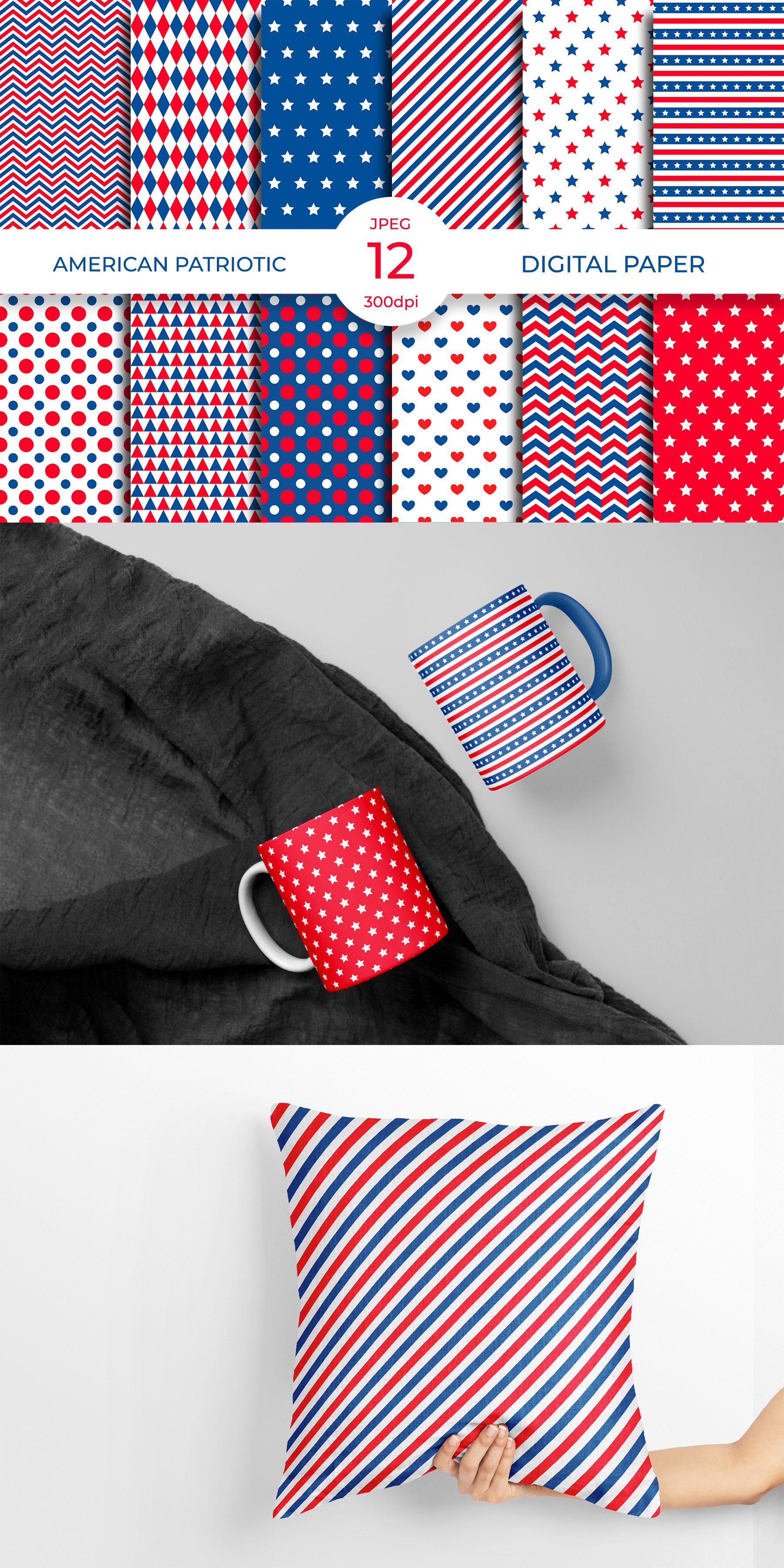 American Patriotic Digital Paper. Independence Day Pattern