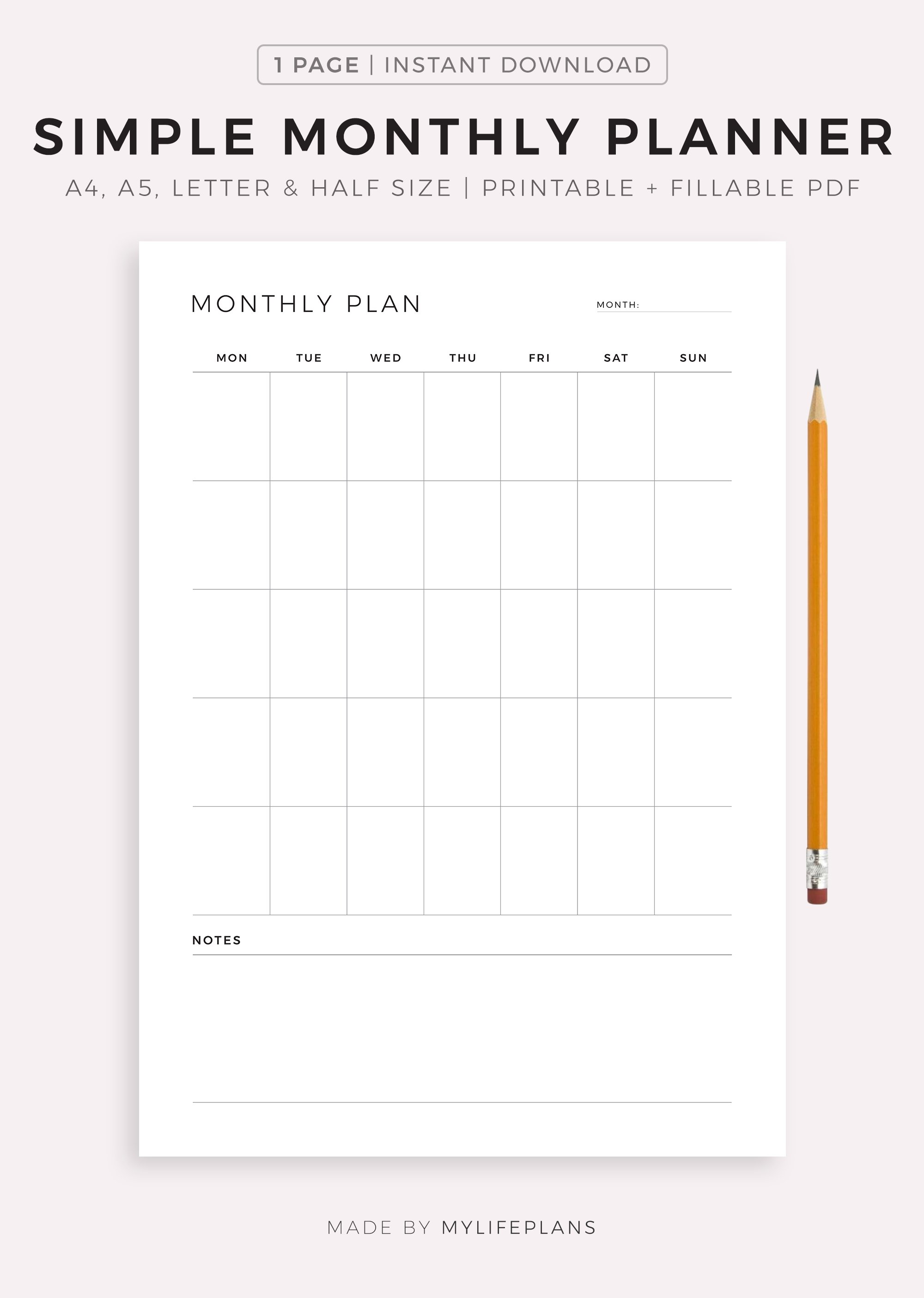 Simple Monthly Planner Printable, Minimal Monthly Schedule