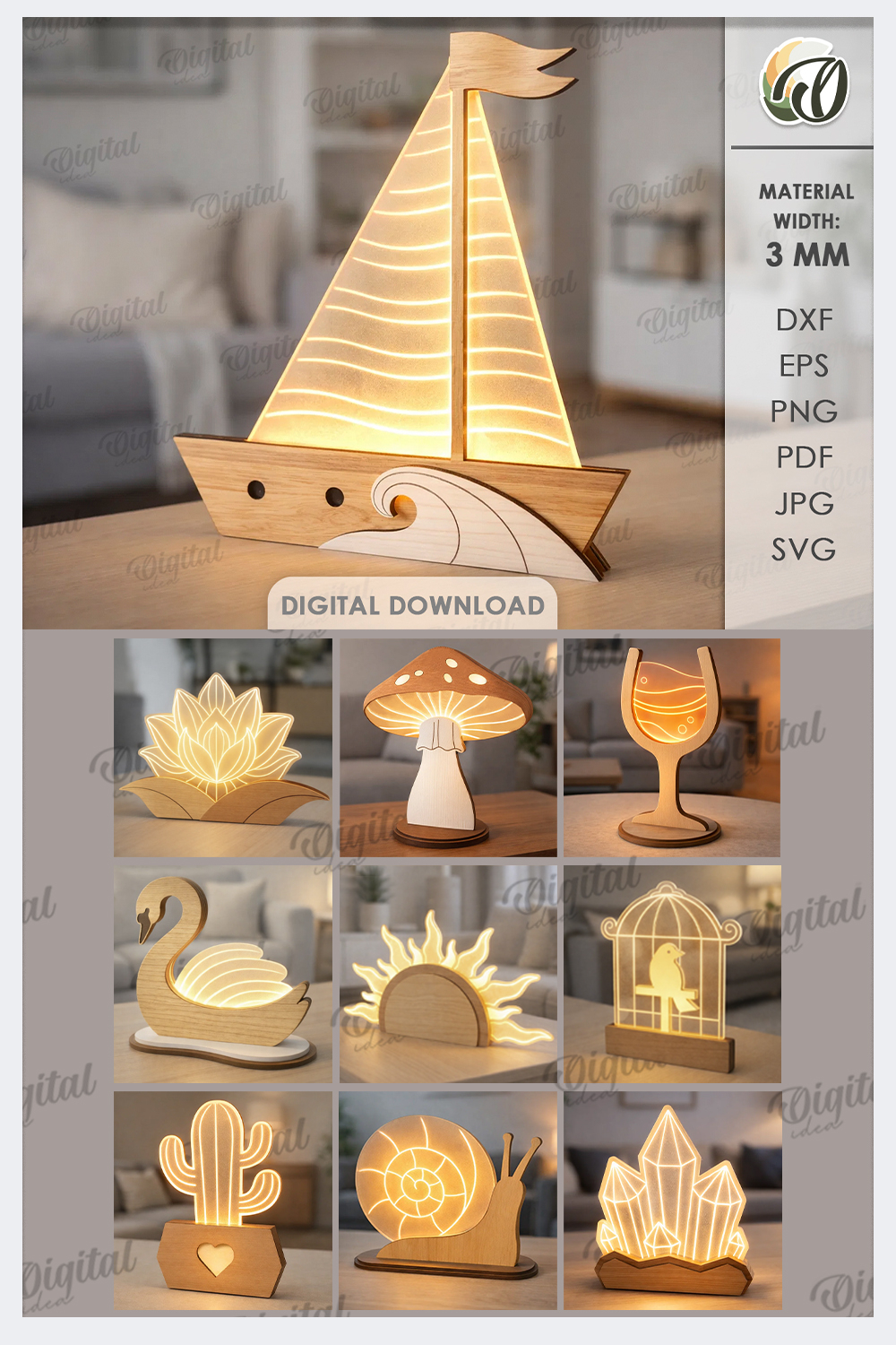 3D Decorative Acrylic Led Lamps Bundle Laser Cut. Lamp SVG