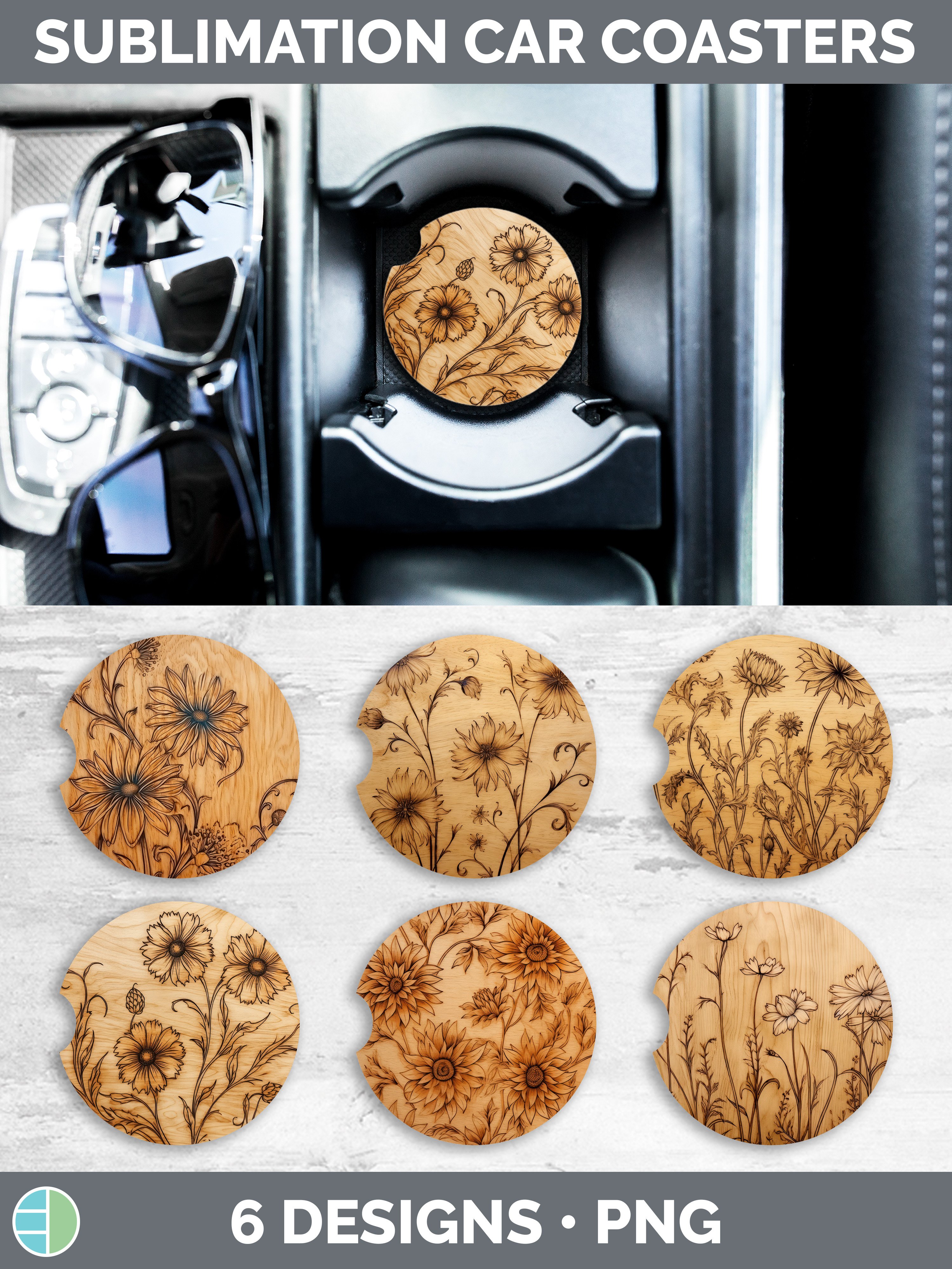 Wood Burned Aster Flowers Car Coaster | Sublimation Coaster