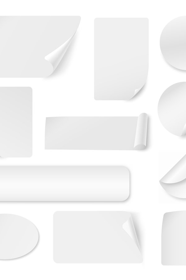 Curled corners stickers. White sticker banners, sticky label