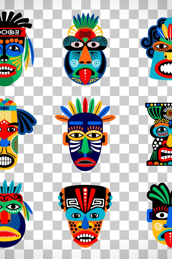Aztec mask set on transparent background