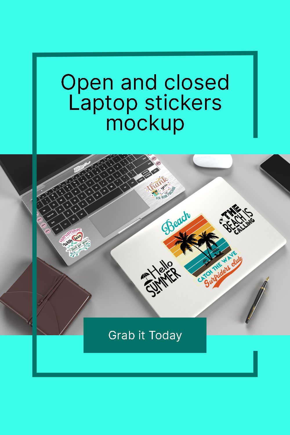 Open and closed Laptop stickers mockup PSD