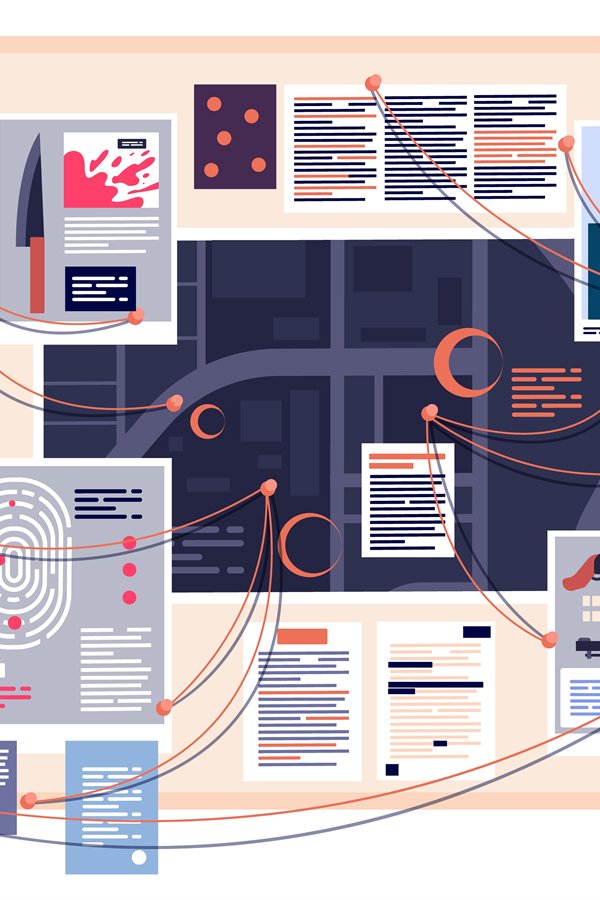 Detective board. Investigation dashboard with pinned photos,