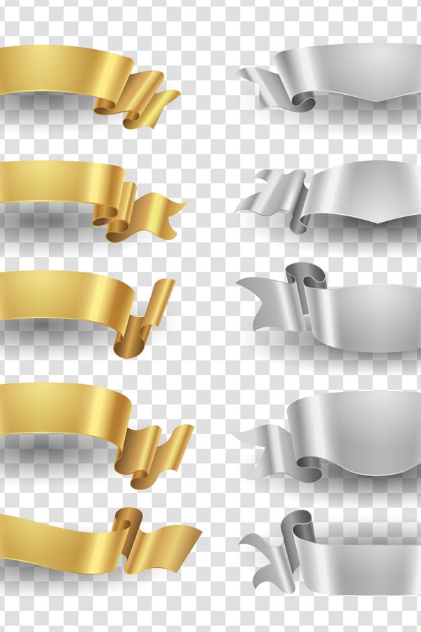 Ribbon banners. Gold silver ribbons vector set. Metallic ban