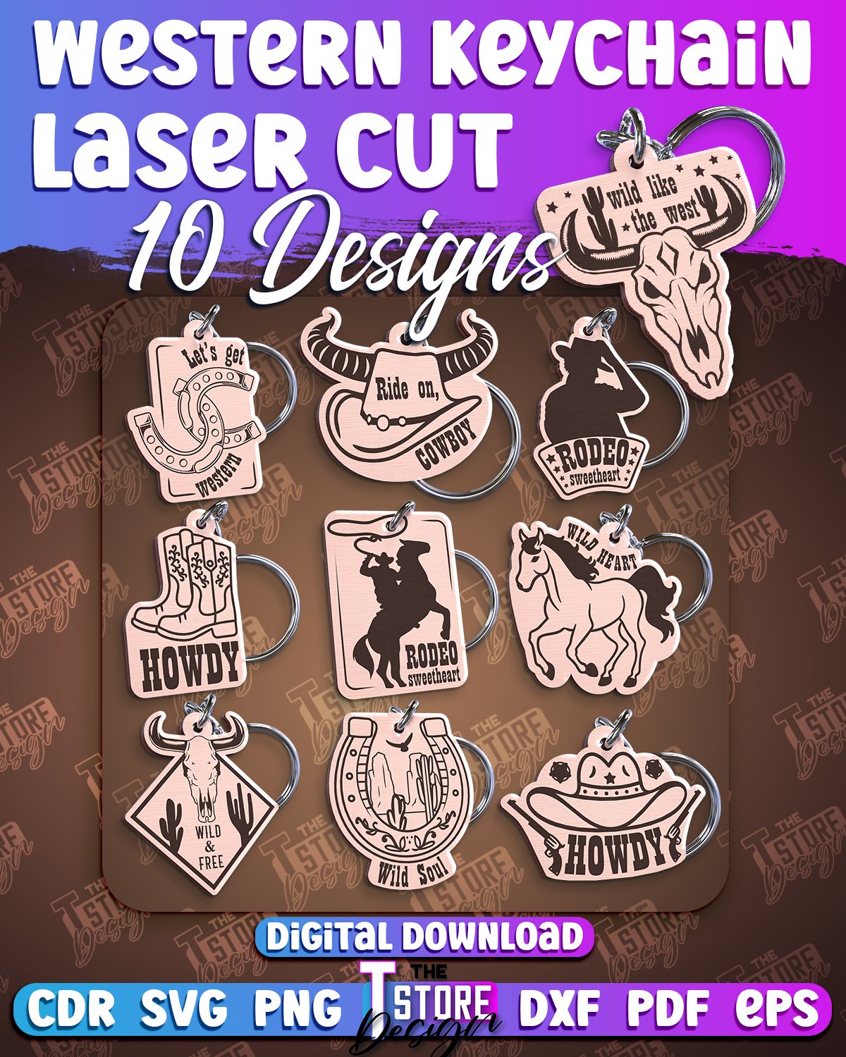 Western Keychains Laser Cut Bundle | Cowboy Wild West SVG