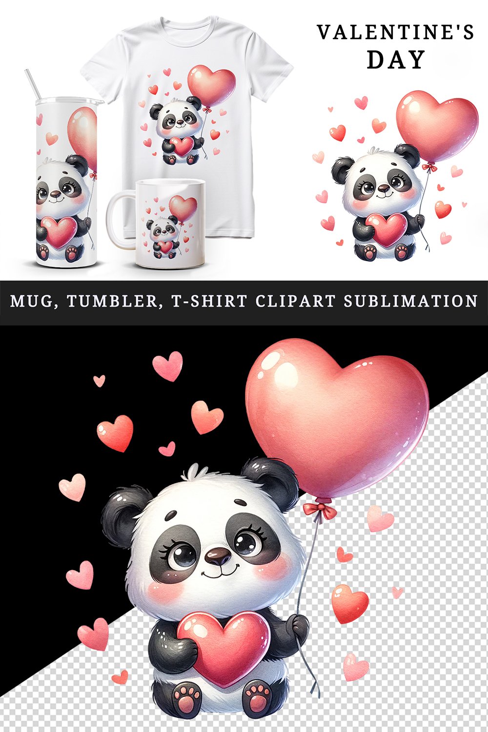 Valentine's Day panda tumbler mug wrap clipart sublimation