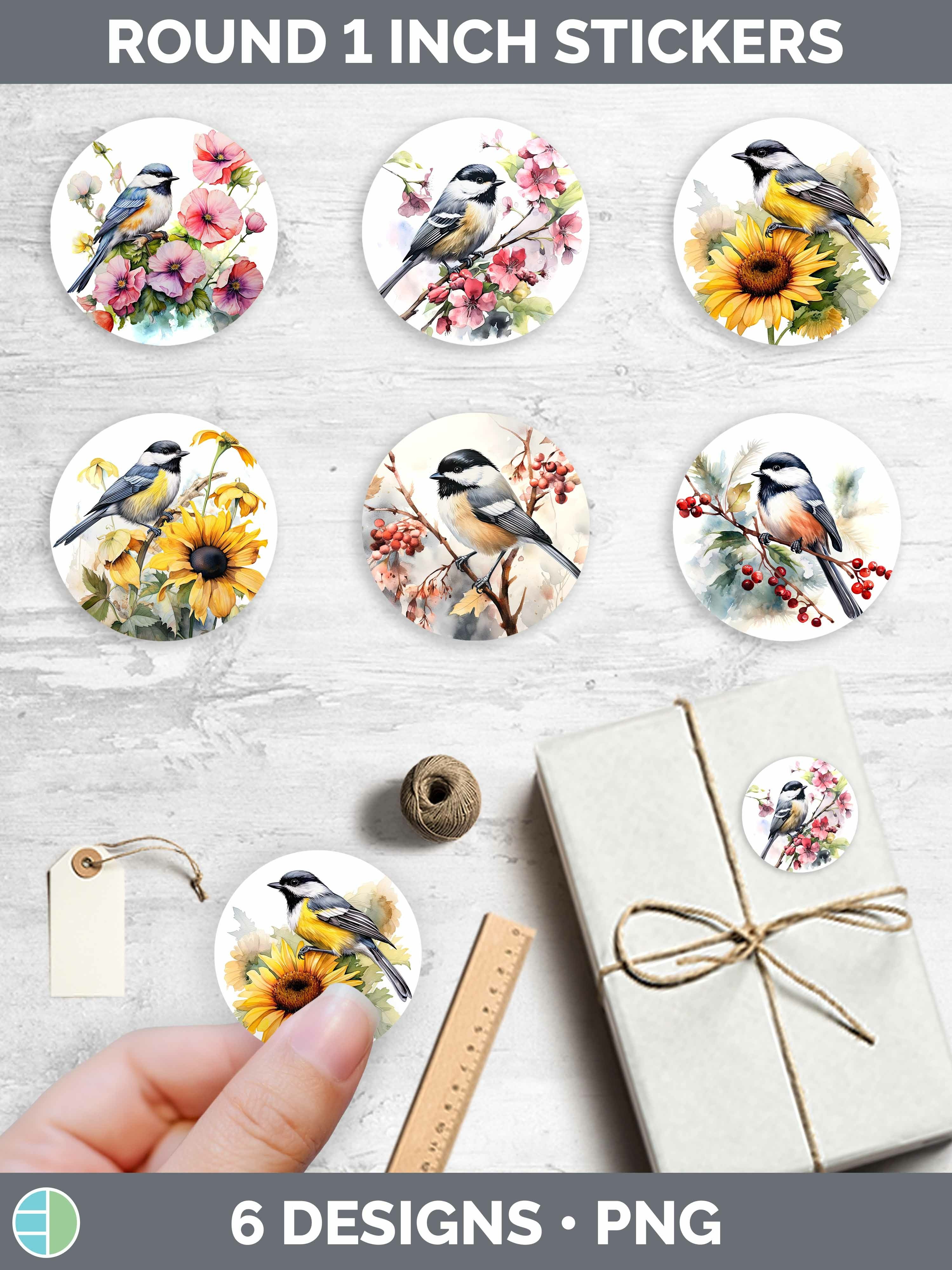 Watercolor Chickadee Stickers | Round Labels Bundle