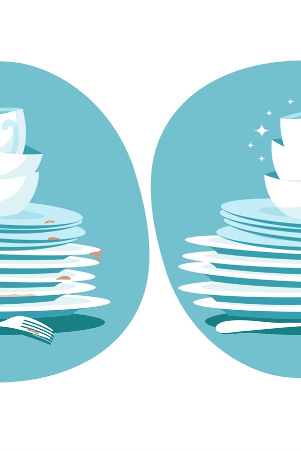 Clean and dirty dishes. Kitchen plates before and after wash