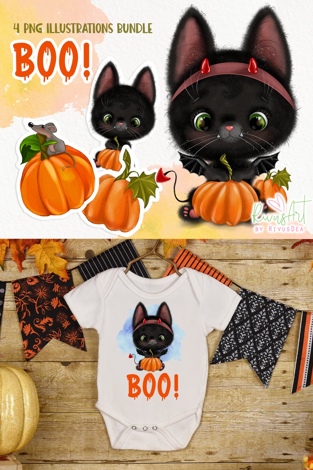 Halloween Black Cat PNG Clipart | Watercolor kitten gothic