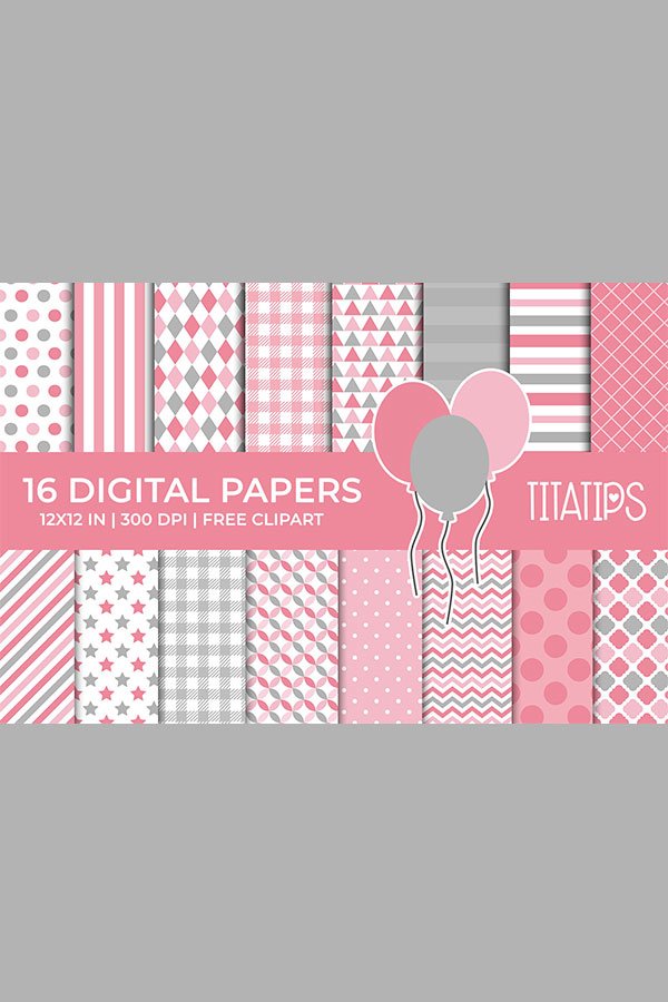 Pink & Gray Digital Papers Set, Free Balloons Clipart