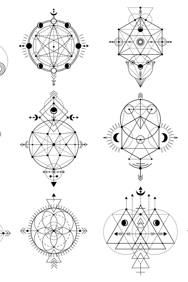 Sacred geometry figures, abstract mystic linear shapes. Myst