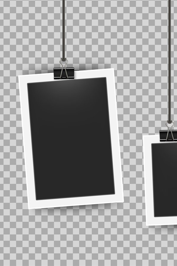 Realistic photo frames clipped on ropes. Retro 3D picture fr