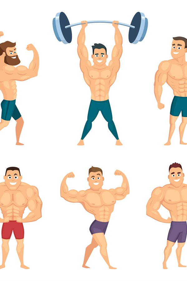Cartoon characters of strong and muscular bodybuilders posin