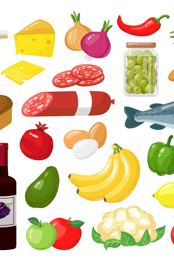 Grocery products. Food shopping vegetables, milk, meat
