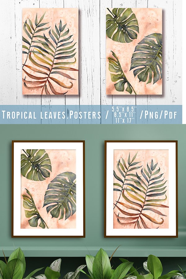 Tropical Leaves Watercolor Posters Wall Art