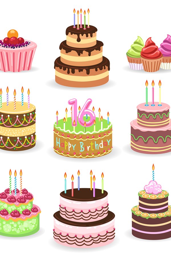 Birthday cake set isolated on white