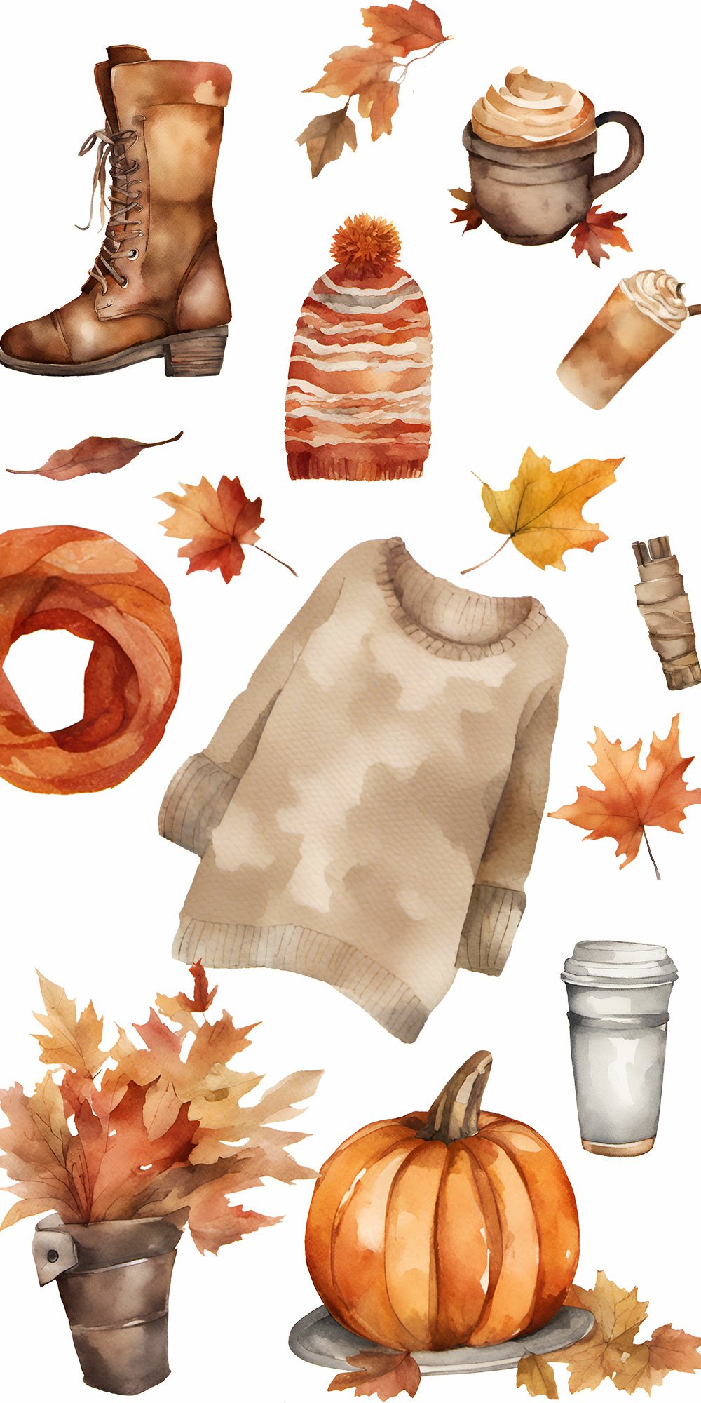 Cozy Fall, watercolor autumn clipart, halloween pumpkins