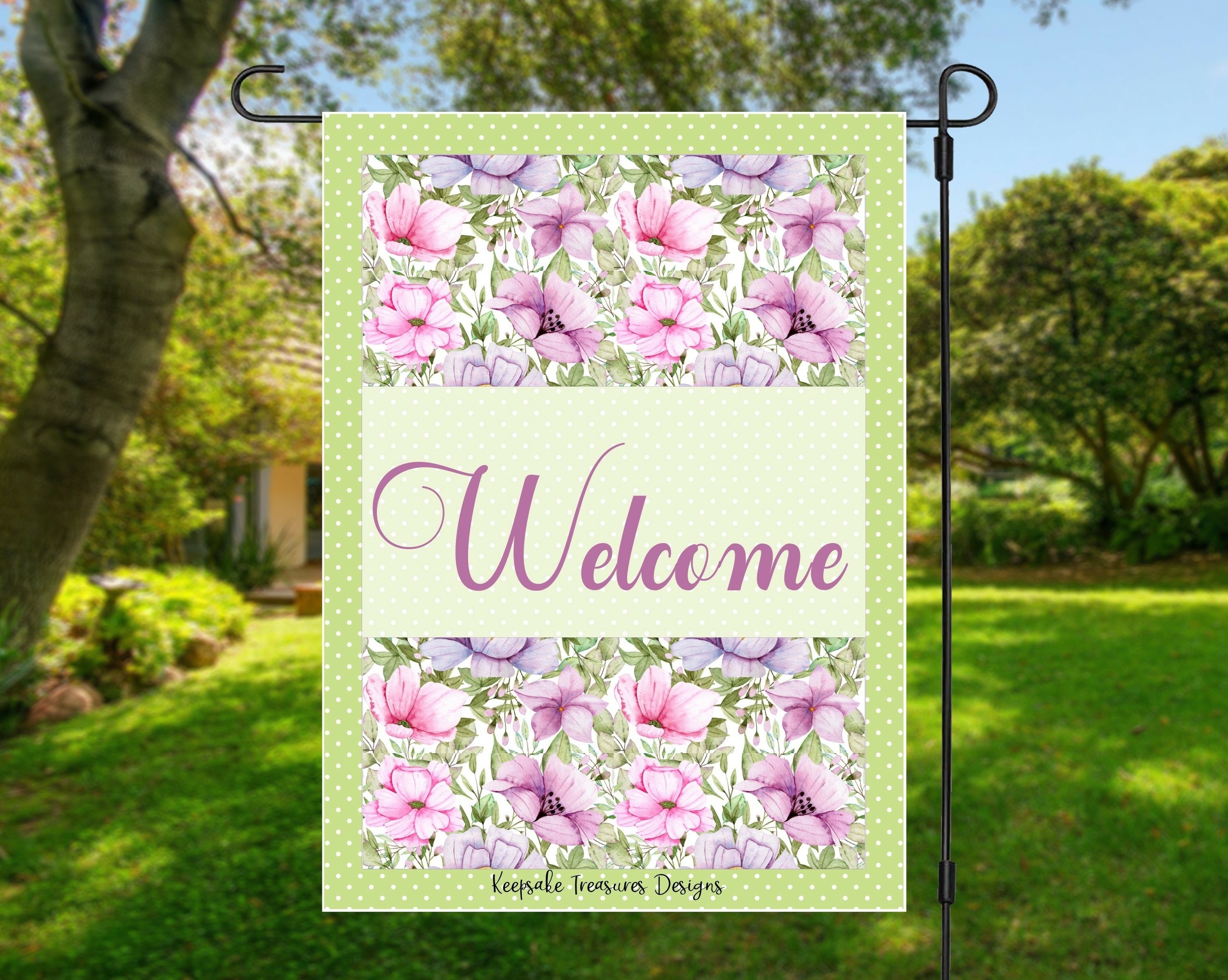 Welcome Garden Flag Pink Flower Illustration PNG