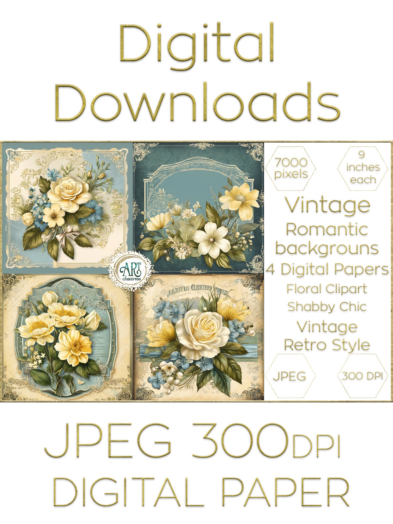 Vintage Floral Blue Grey Old Romantic Digital Paper Bohemian