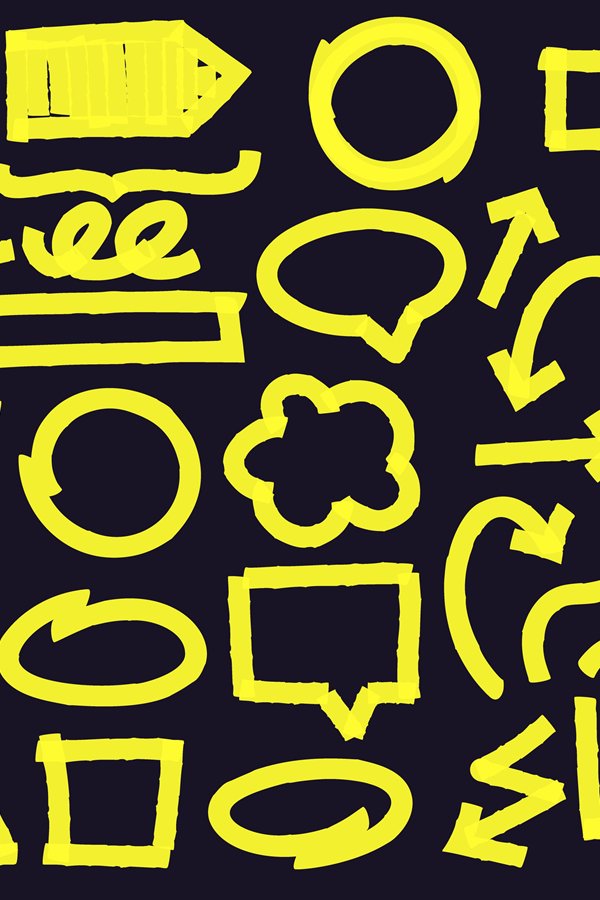 Highlight marker lines on black background. Doodle check mar