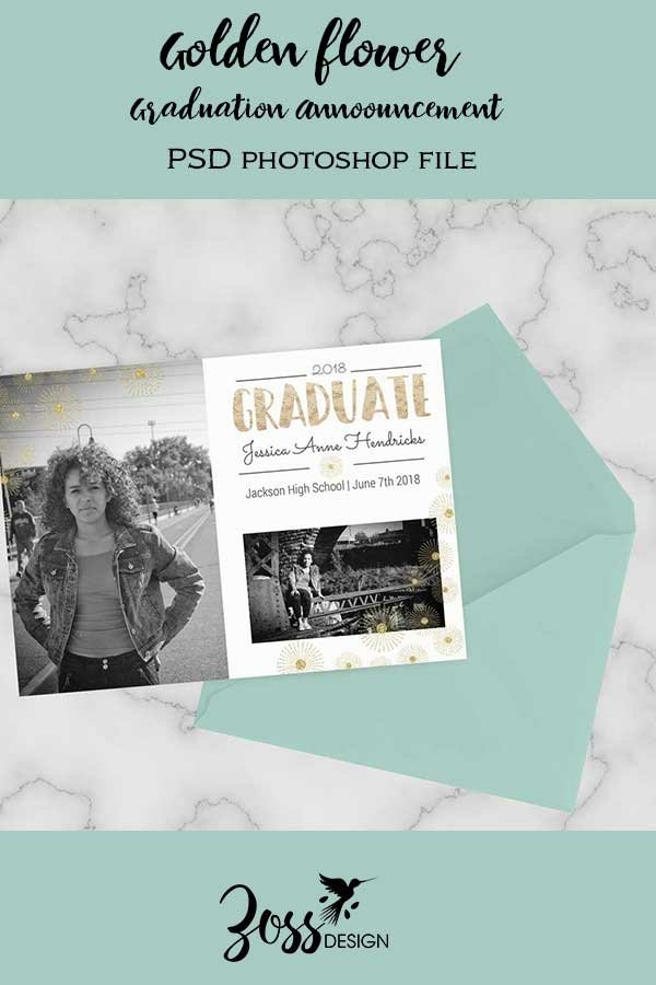 Golden Flowers Graduation Announcement Photoshop Template