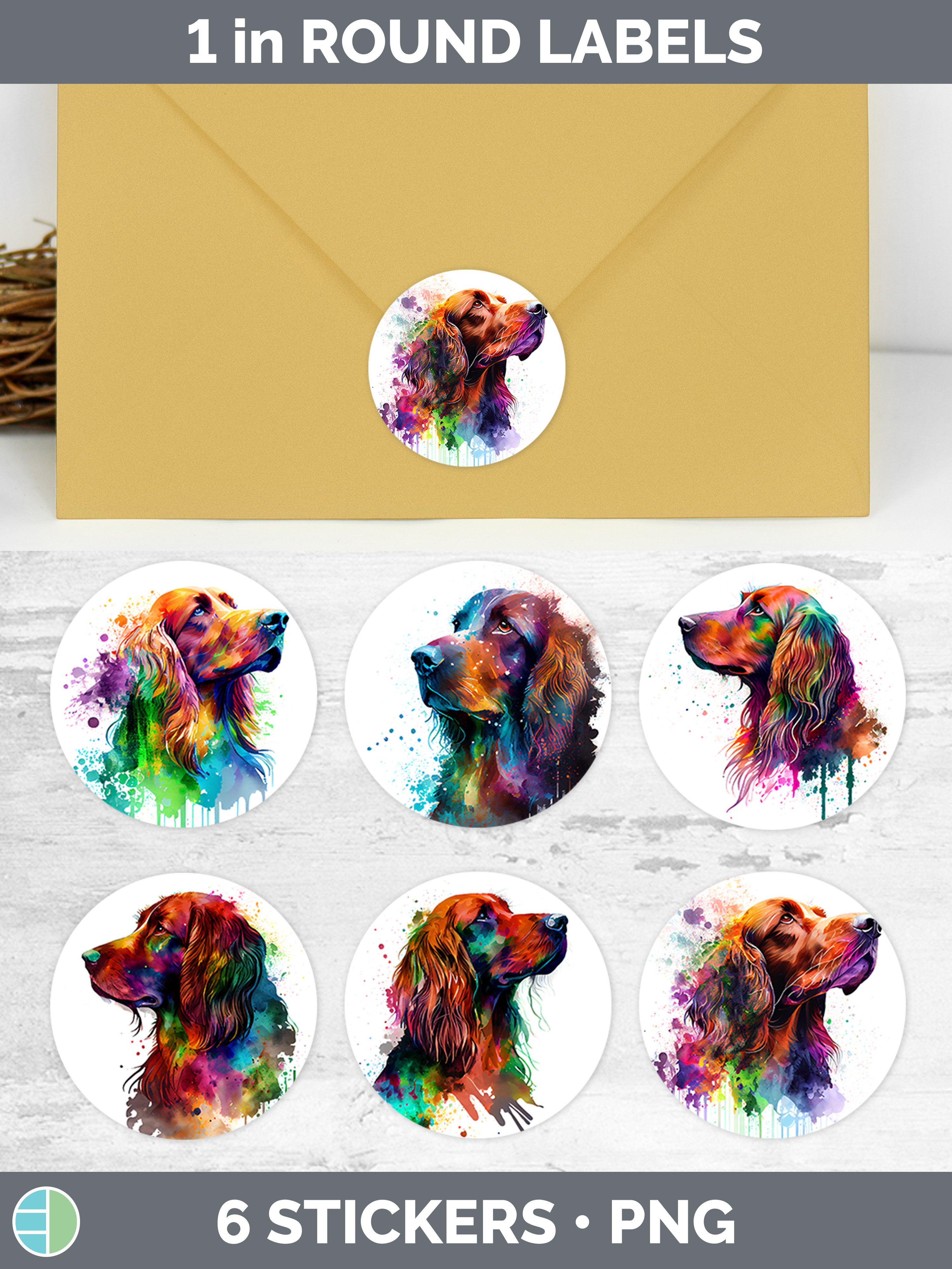 Rainbow Irish Setter Dog Stickers | Round Labels Designs Bun