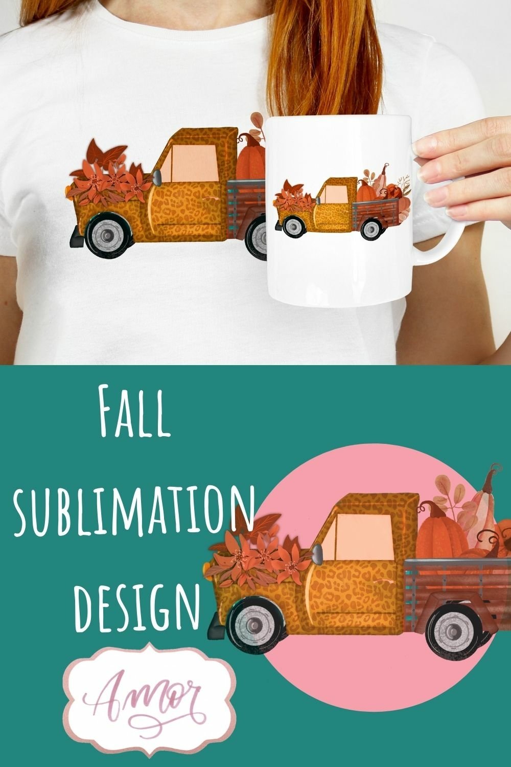 Fall sublimation design for T-shirts, fall truck PNG