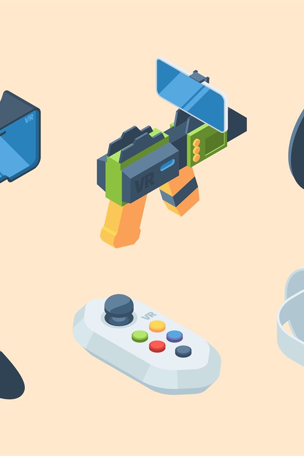 Isometric virtual reality. Vr gaming guns controllers video