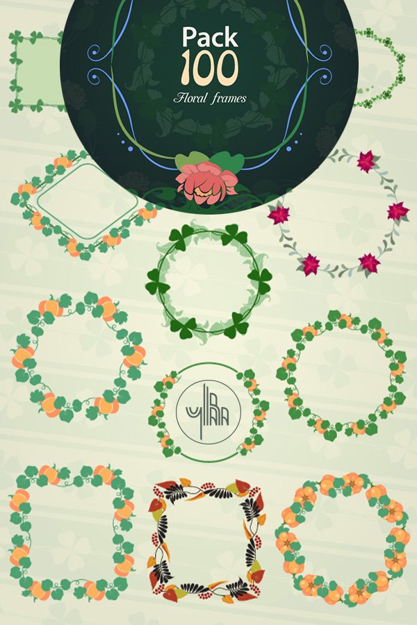 Pack of 100 Floral Frames, vector clipart bundle
