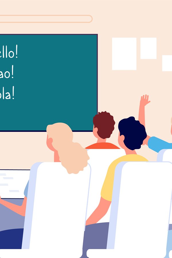 Language lesson. Students at school, classroom and teacher a