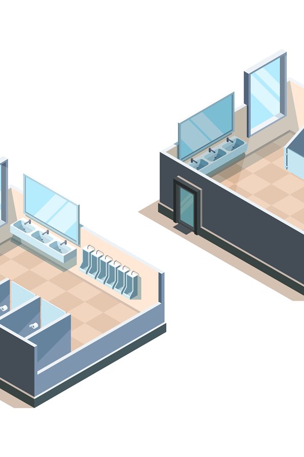 Public toilet. Isometric washroom for male and female people