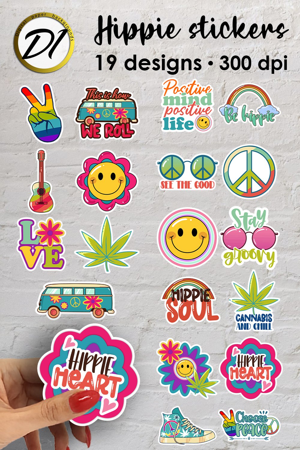 Hippie stickers | 19 Printable Stickers | Hippie sticker pac
