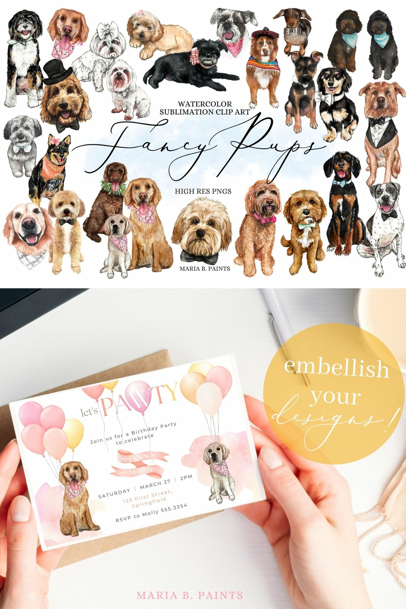 Fancy Dogs Clipart Watercolor Puppy Illustrations for Design