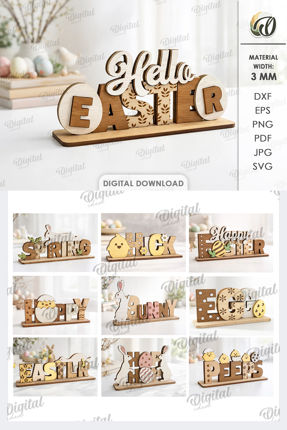 3D Easter Table Signs Bundle Laser Cut. Stand Decor SVG