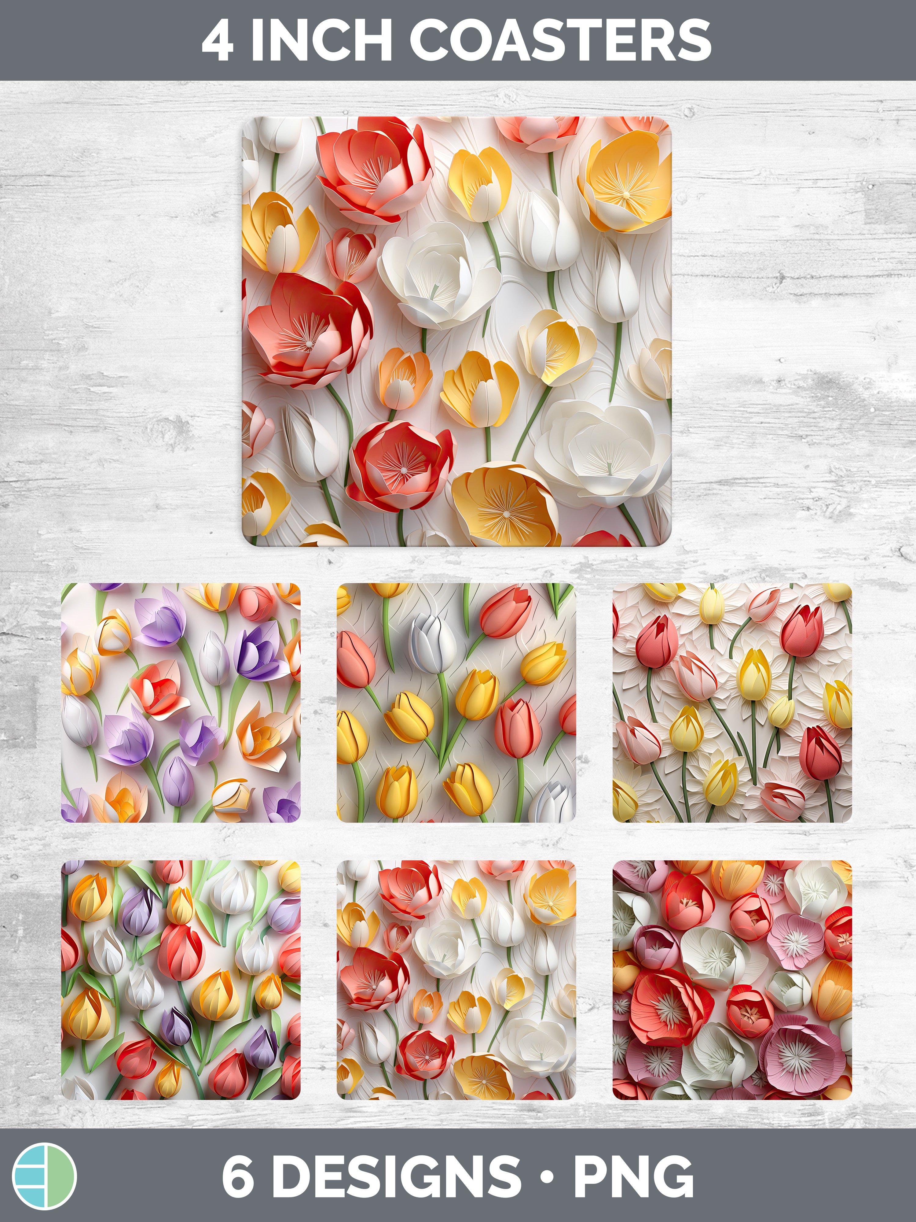3D Paper Tulip Flowers Square Coaster | Bundle Coaster Desig