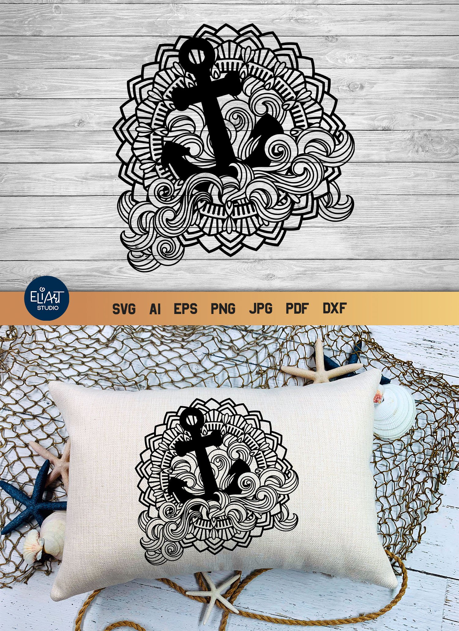 Anchor SVG Mandala | Nautical SVG with Waves and Mandala