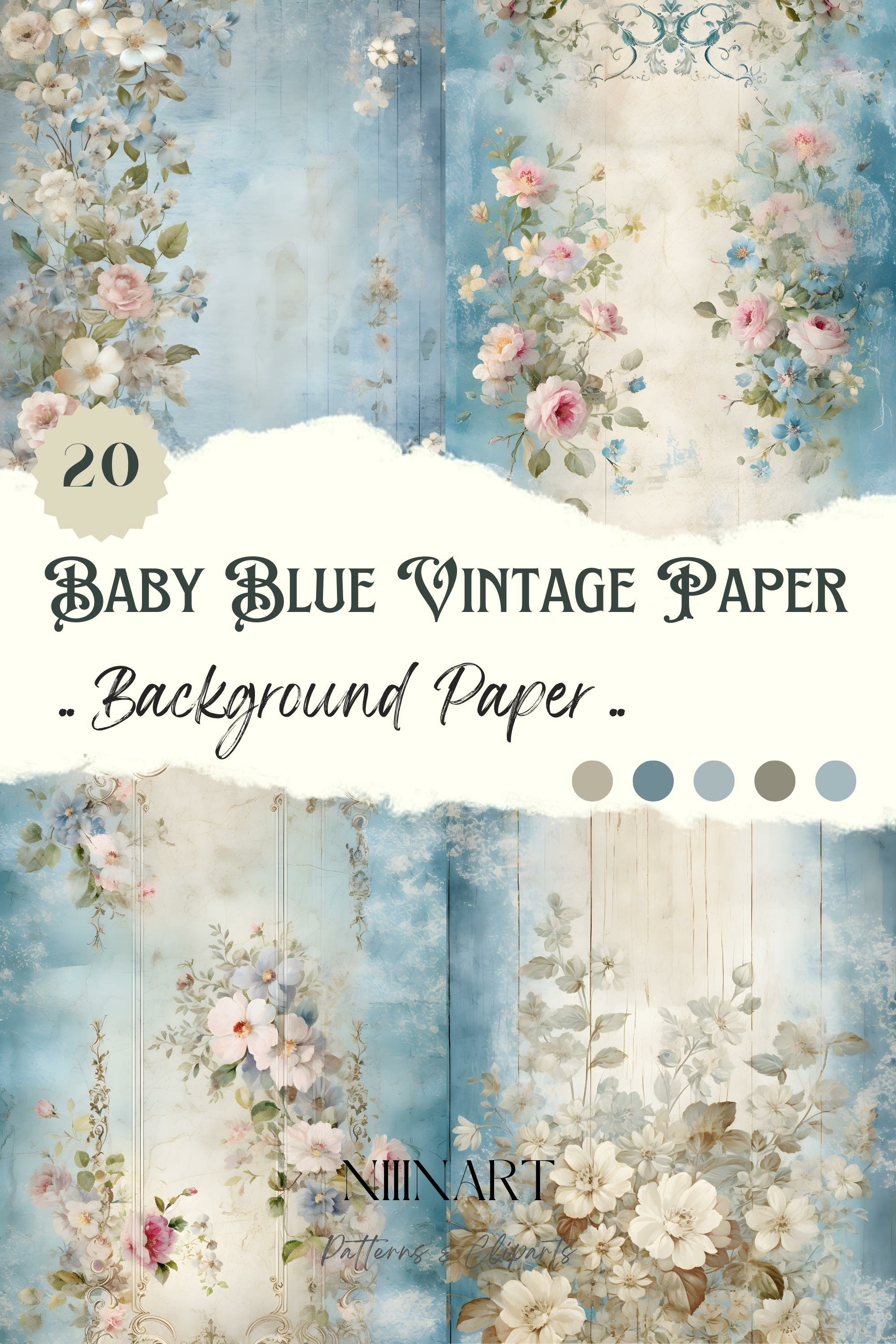 Baby Blue Vintage Floral Paper, Scrapbook digital Paper pack