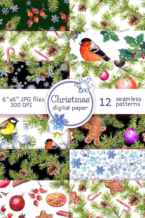 Christmas digital paper pack. Watercolor seamless (967029)