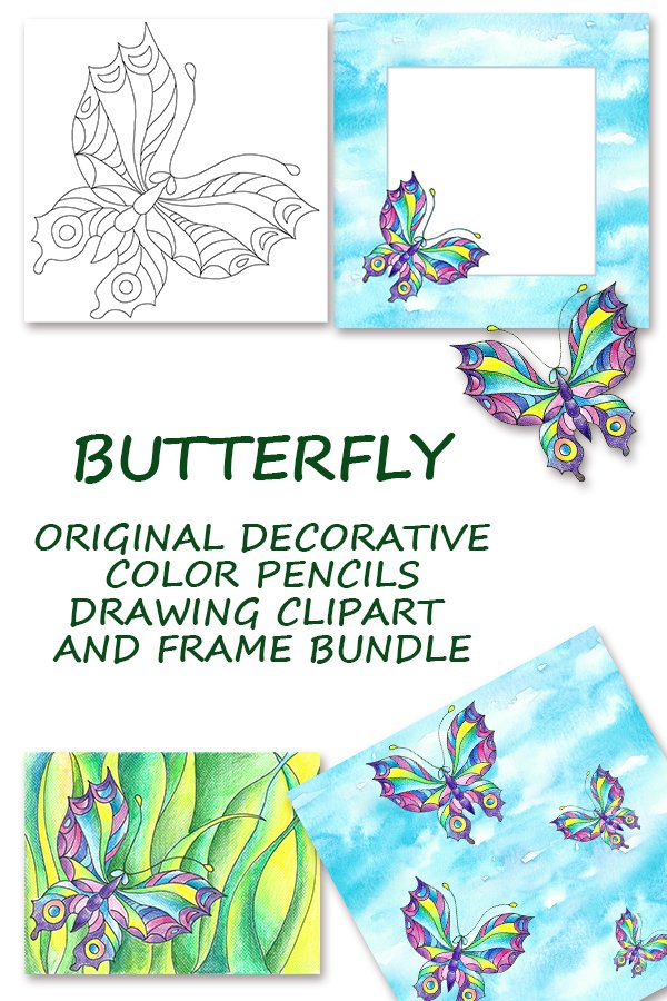 Butterfly decorative drawing, frame and digital paper