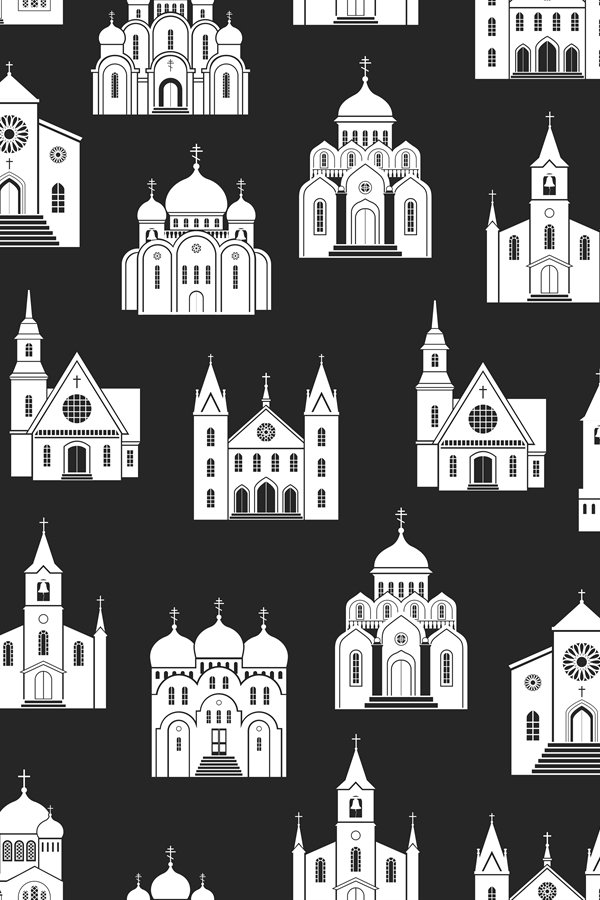 White church seamless pattern on black backdrop