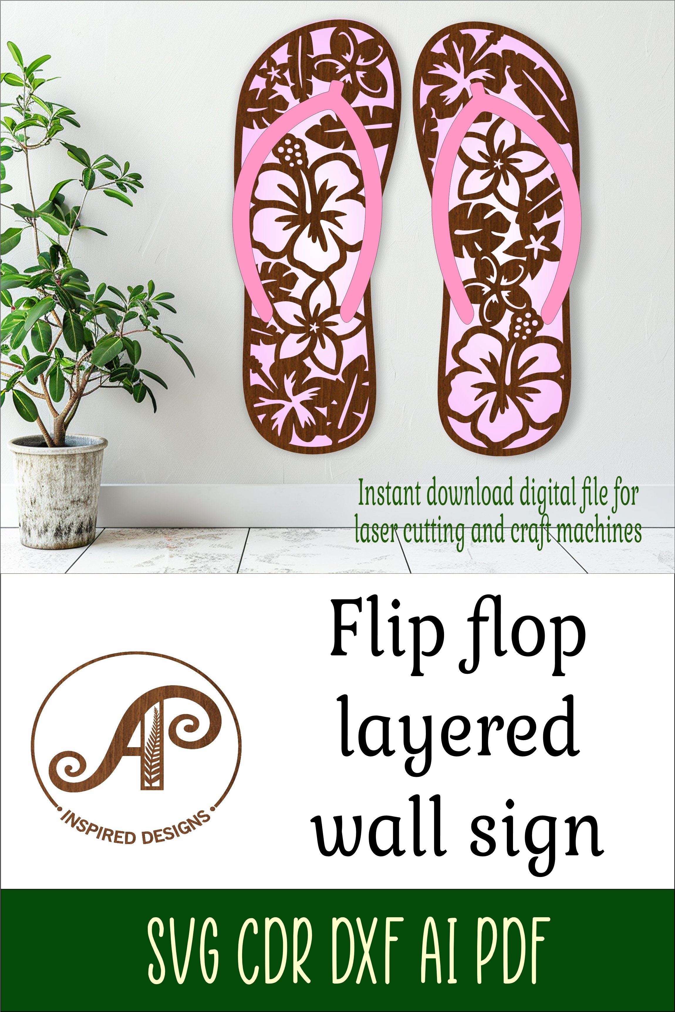 Flip flop tropical flowers layered wall art sign, SVG file