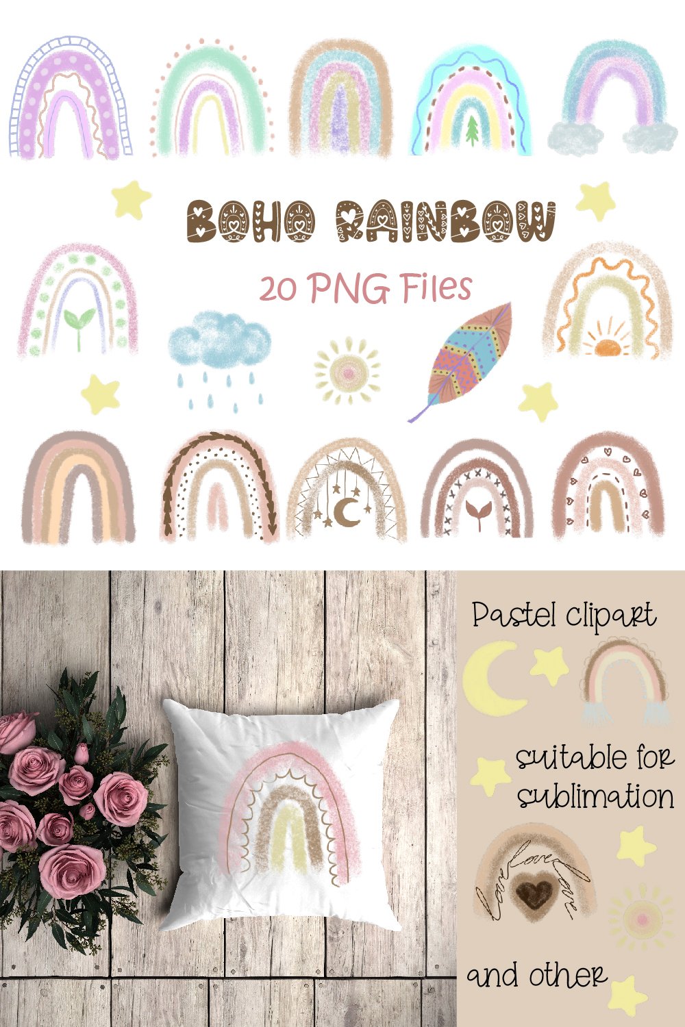 Bundle Pastel Boho Rainbow Clipart.Valentines Day.Moon sun