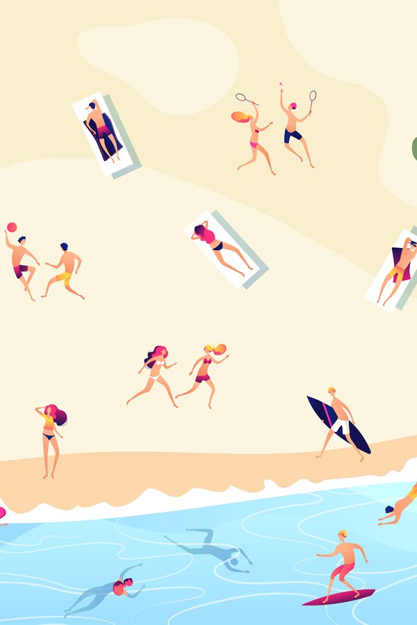 Summer beach people. Persons swim dive in sea relaxing sunba