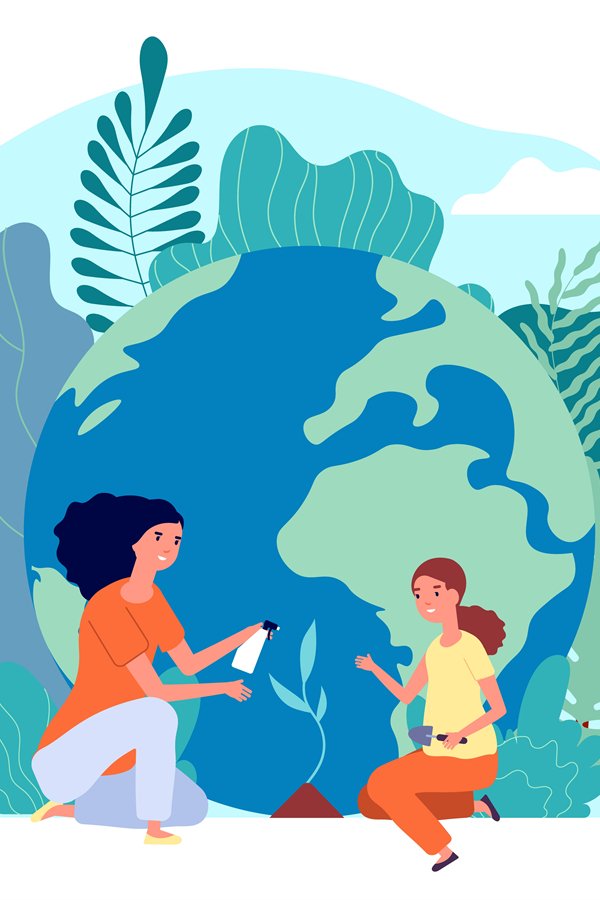 Saving planet. Environment day, ecology woman and girl plant