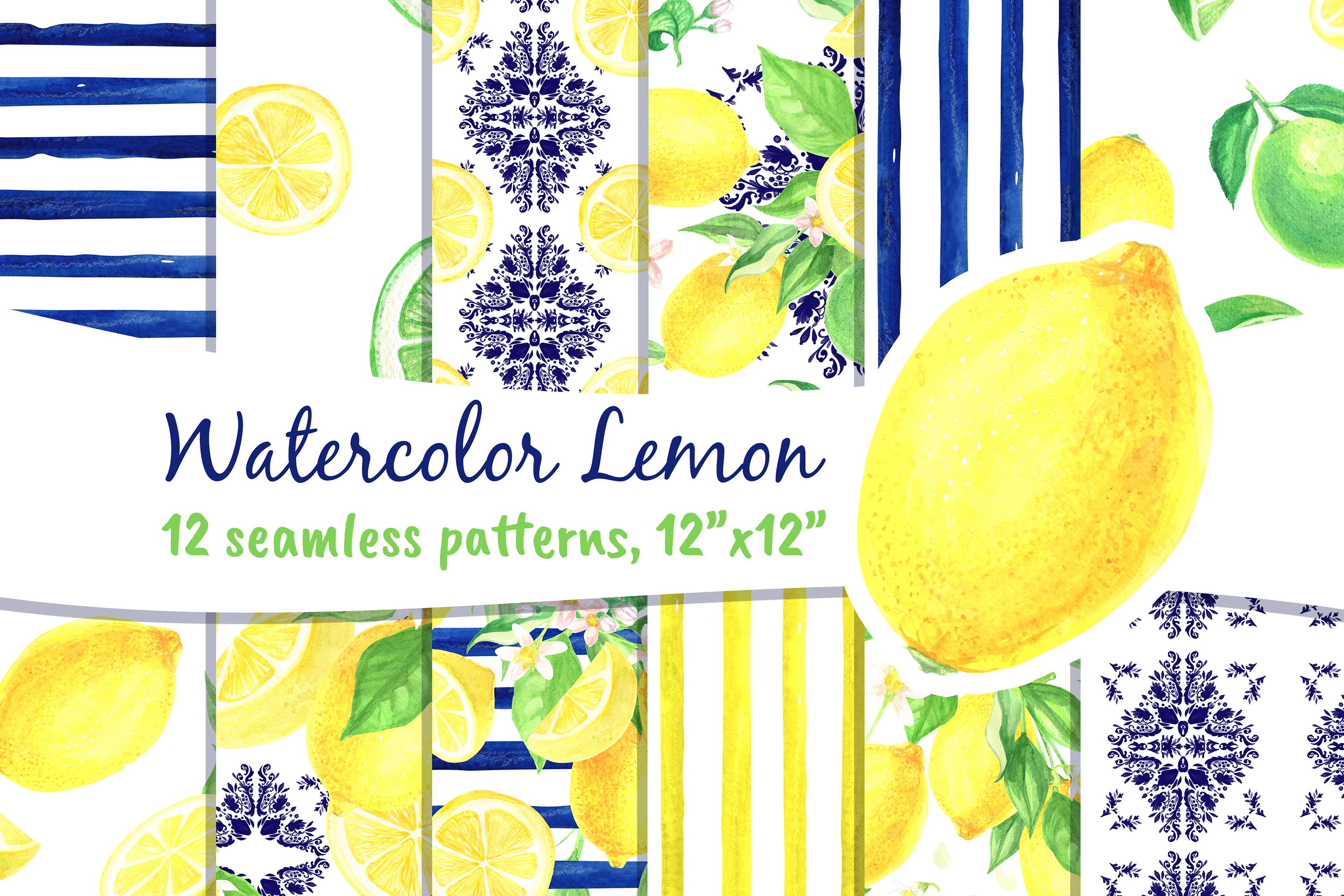Lemon Digital Paper Watercolor Seamless Patterns (885354)